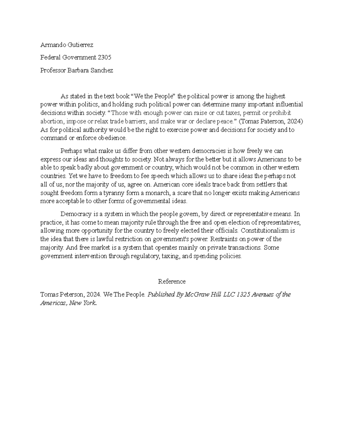 Chapter 1 Essay - Textbook questions - Armando Gutierrez Federal ...