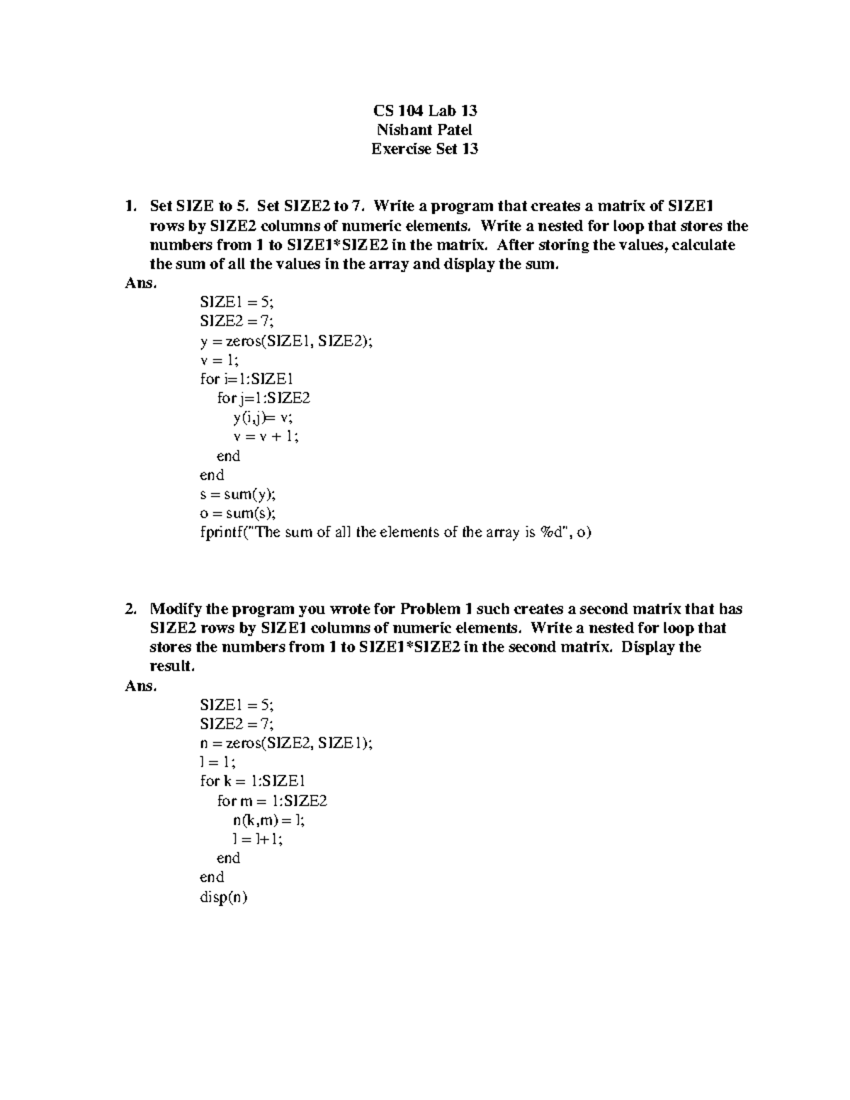 Patel Exercise 13 Cs 104 Homework Lab 13 Cs 104 Lab 13 Nishant Patel Exercise Set 13 1 Set