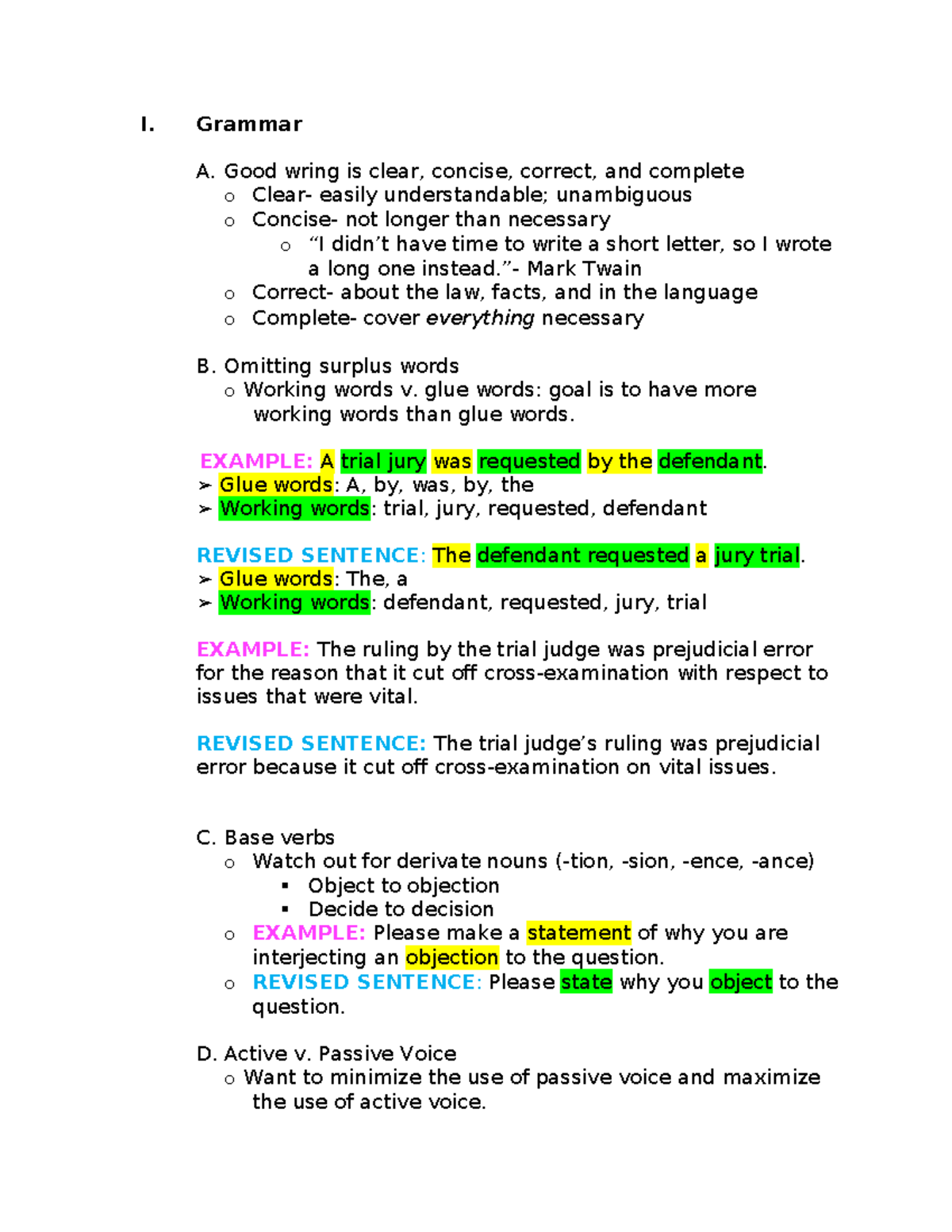 LAWS I Outline- Fall 2023 - I. Grammar A. Good wring is clear, concise ...