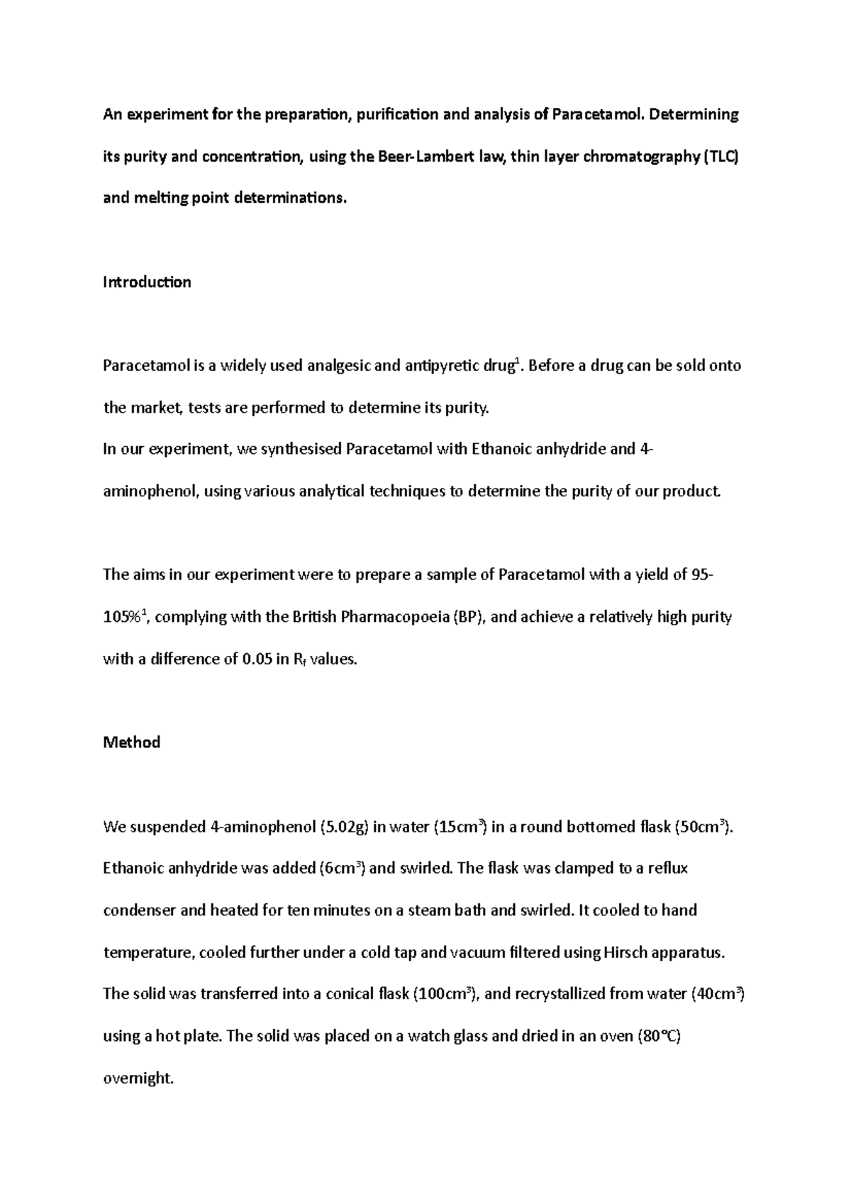 Paracetamol lab report - An experiment for the preparation ...