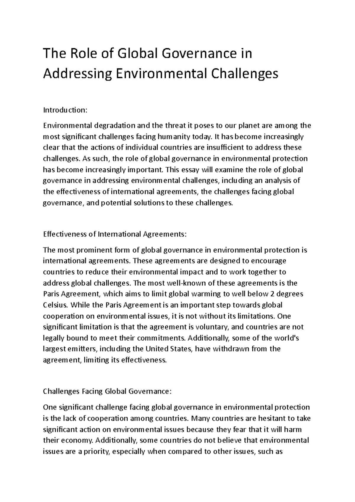 The Role of Global Governance in Addressing Environmental Challenges ...