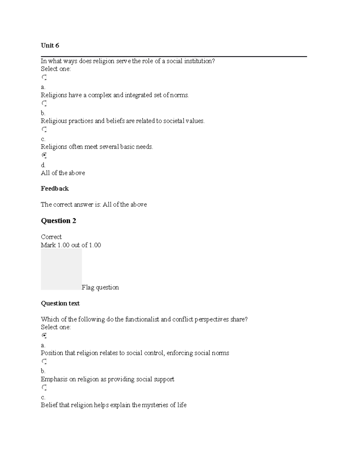 Sociology 1502 Self Quiz Unit 6 - Unit 6 In what ways does religion ...