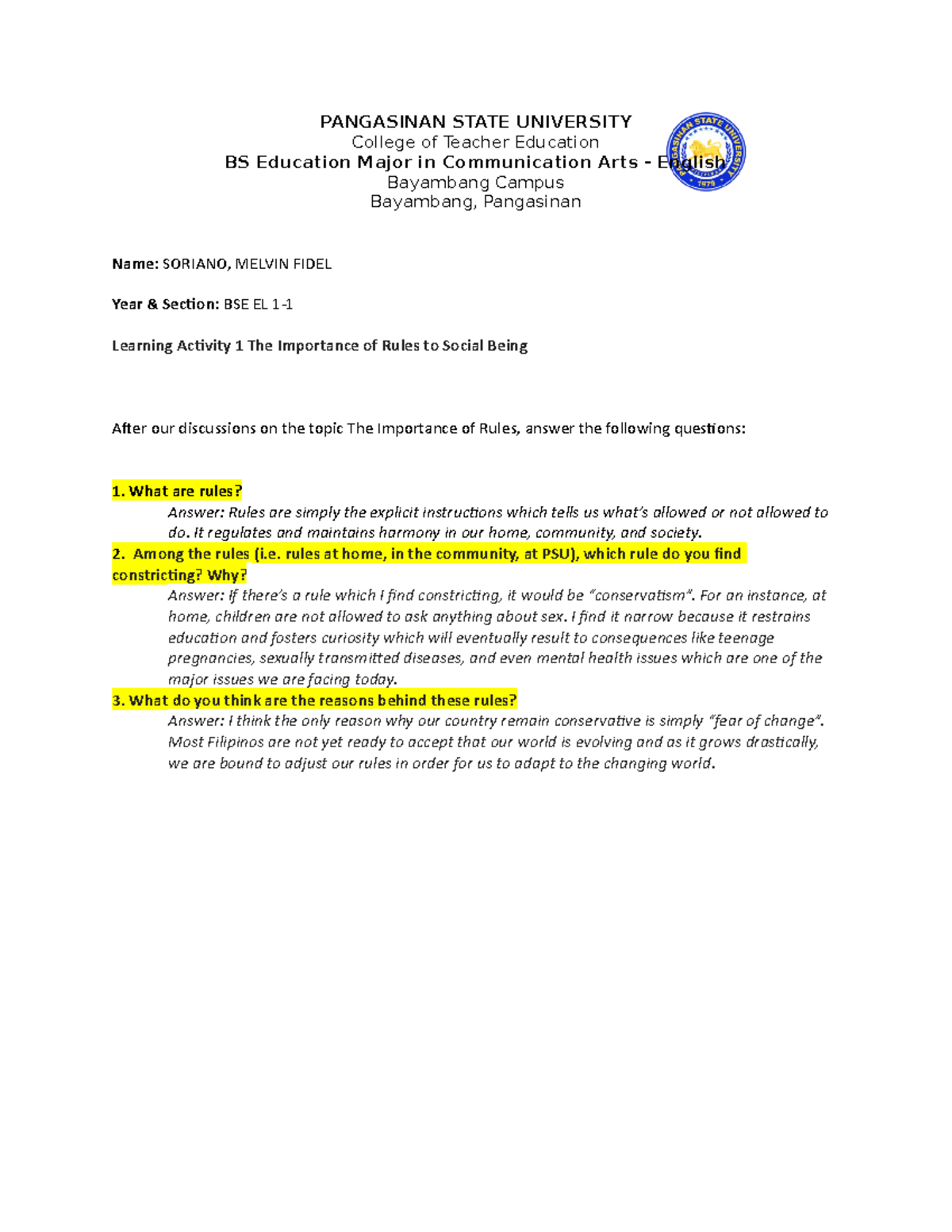 Ethics, BSED EL 1-1 (GE 9 Ethics) Activity 1 - PANGASINAN STATE UNIVERSITY College of Teacher ...