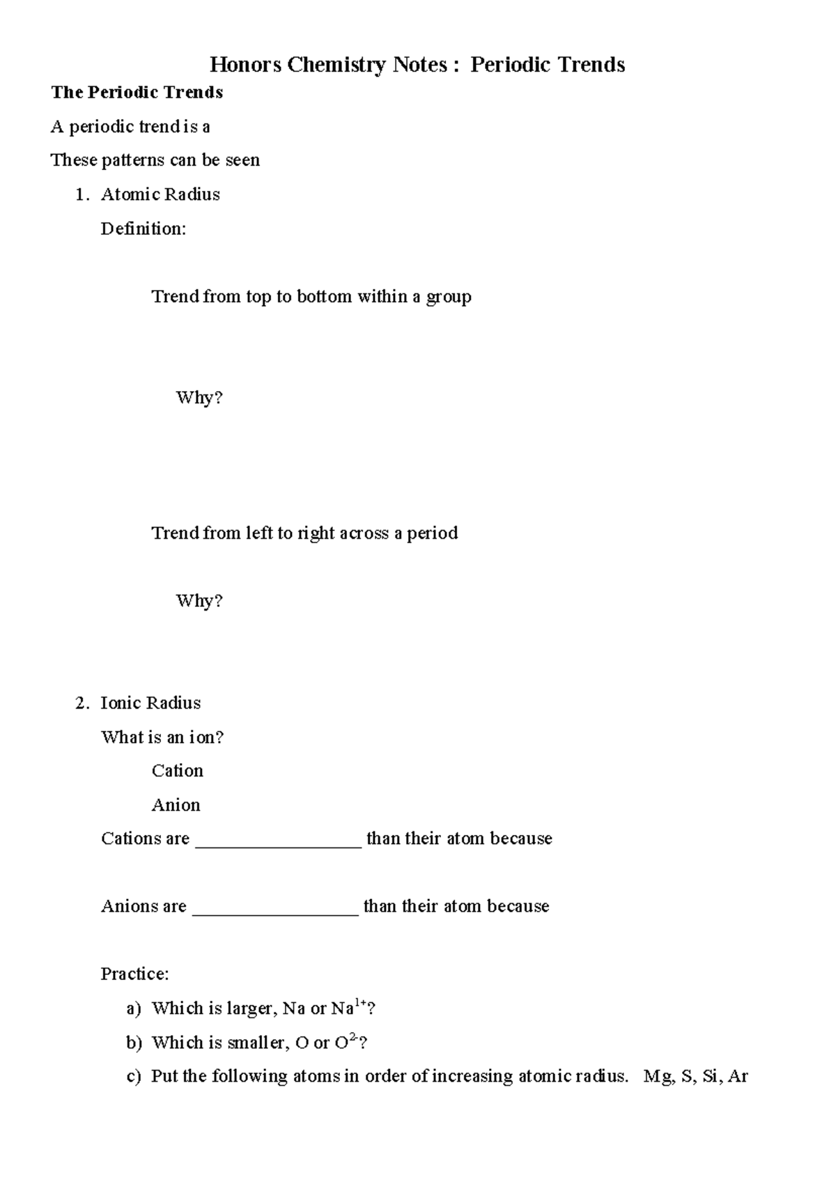 Honors Periodic Trends Notes - Honors Chemistry Notes : Periodic Trends ...