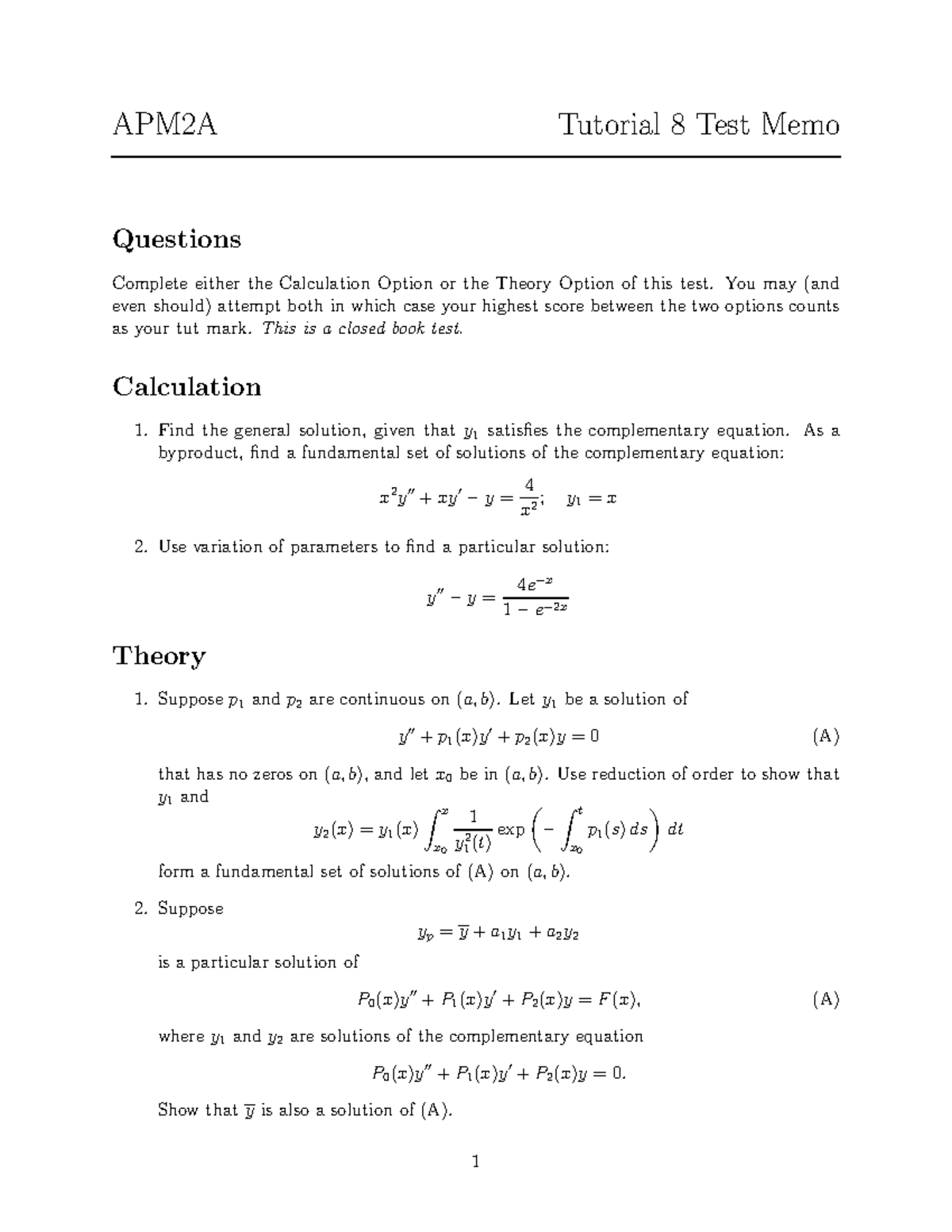Tut Test 8 Memo - Tut Test 8 Memo - APM2A Tutorial 8 Test Memo ...