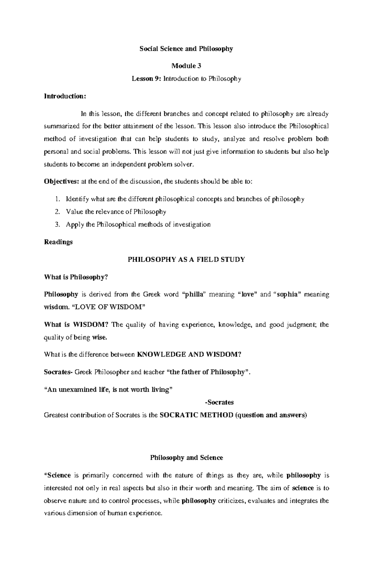 Philosophy M3 -L9 - Lecture notes 9 - Social Science and Philosophy ...