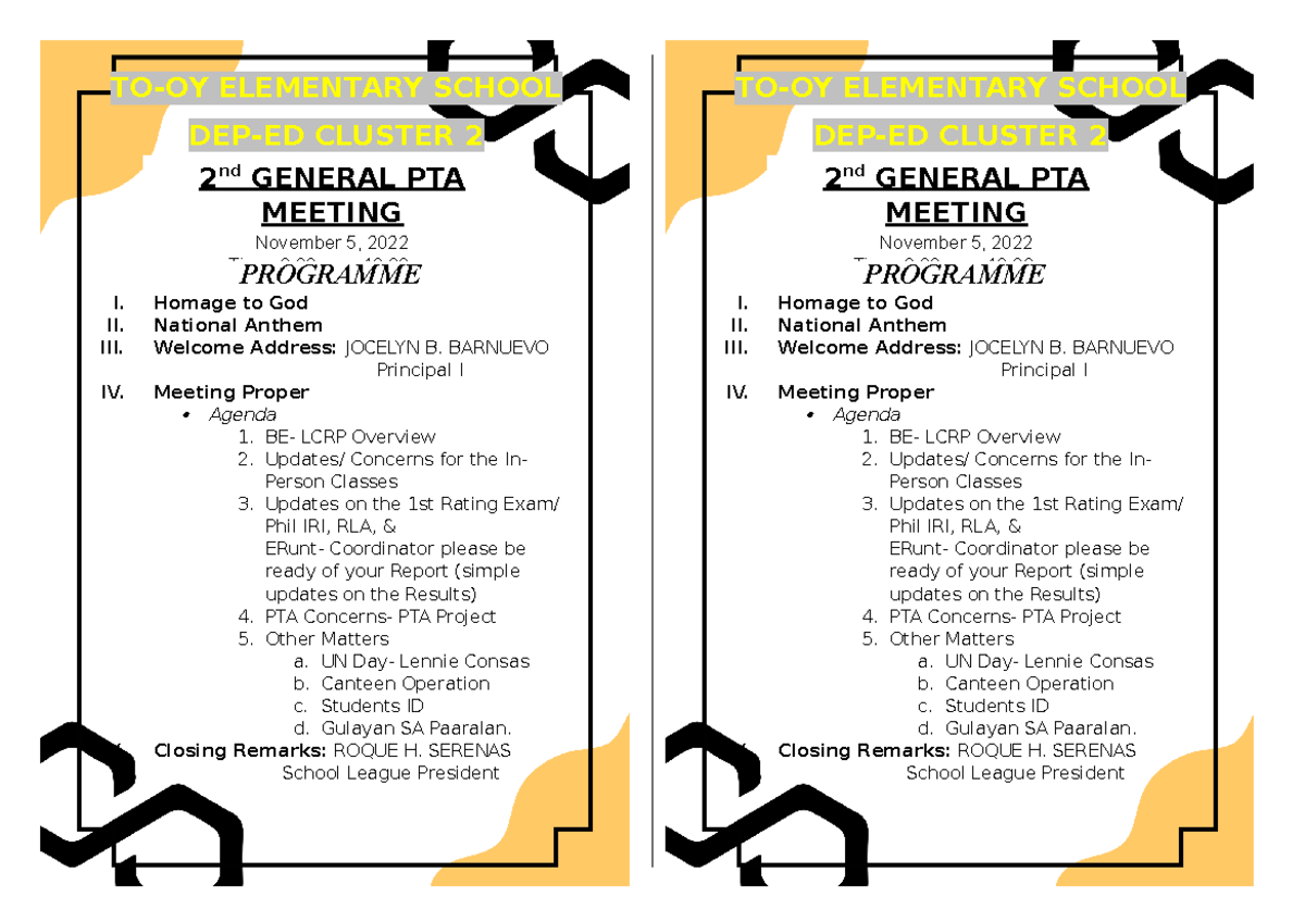 Programme PTA - lecture - TO-OY ELEMENTARY SCHOOL DEP-ED CLUSTER 2 2 nd ...