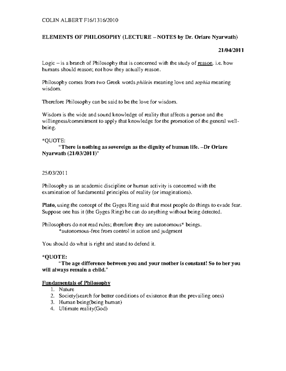 Elements OF Philosophy - ELEMENTS OF PHILOSOPHY (LECTURE – NOTES by Dr ...