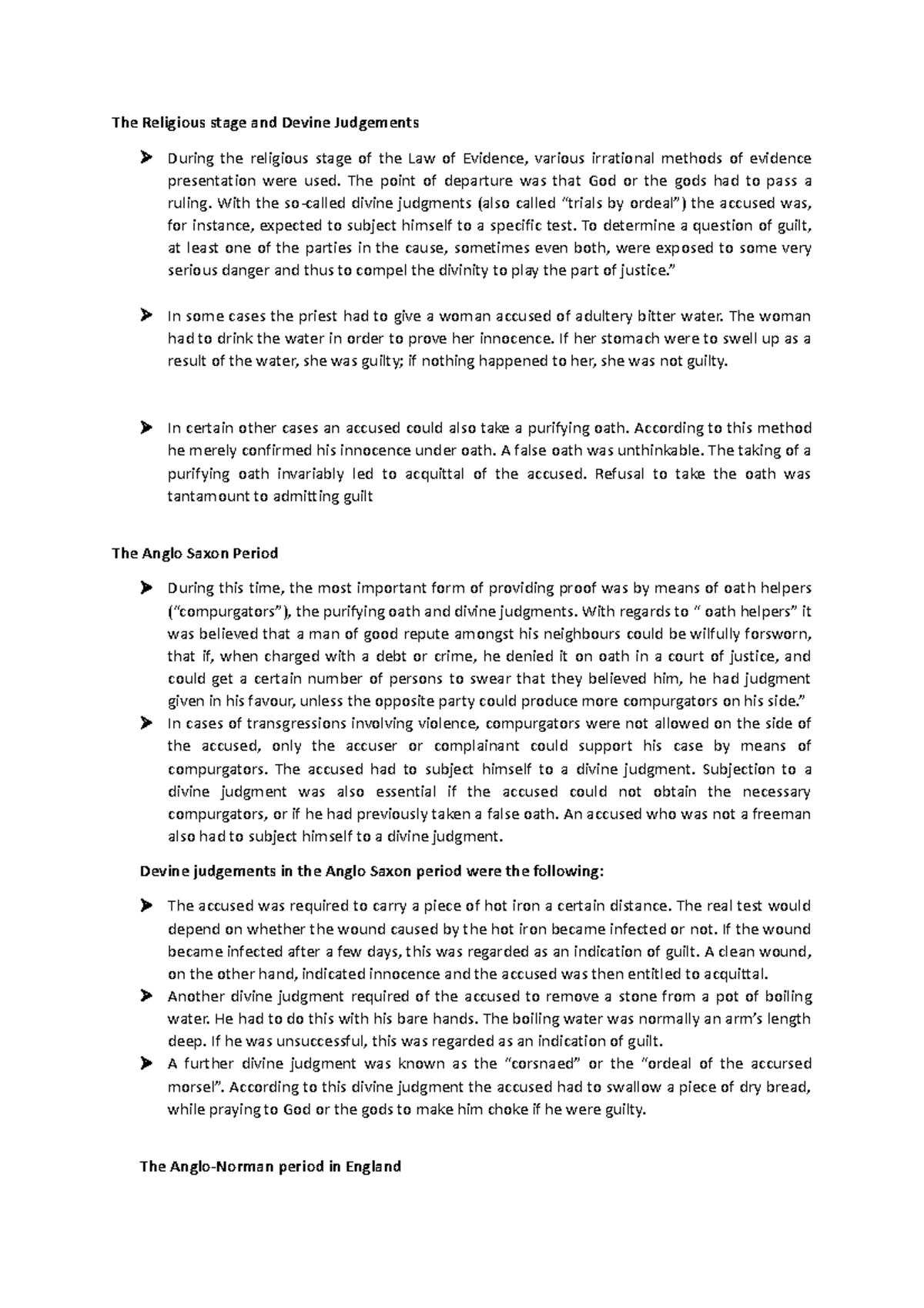 Law of Evidence Semester 1 - The Religious stage and Devine Judgements ...