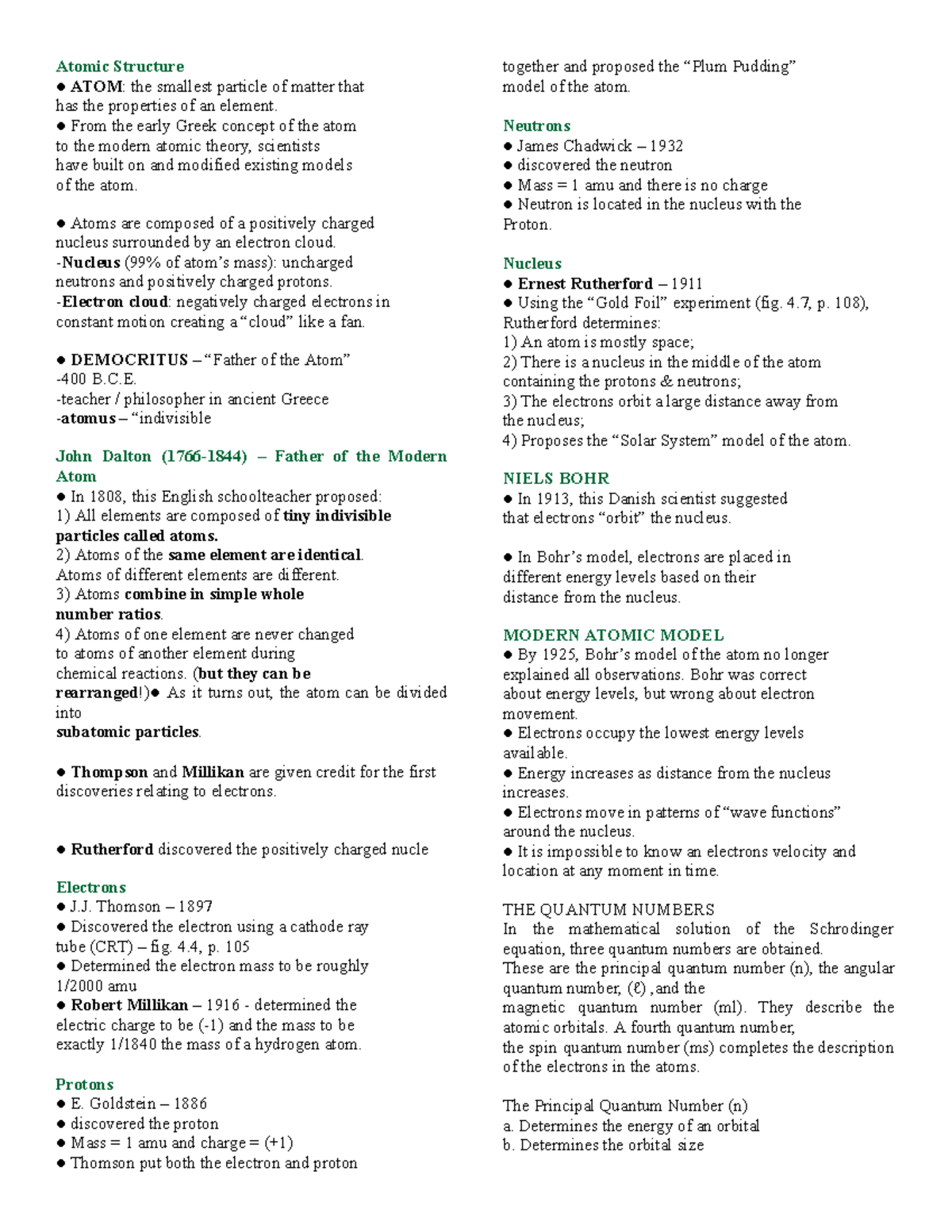 Inorganic - Summary Chemistry - Atomic Structure ATOM: the smallest ...