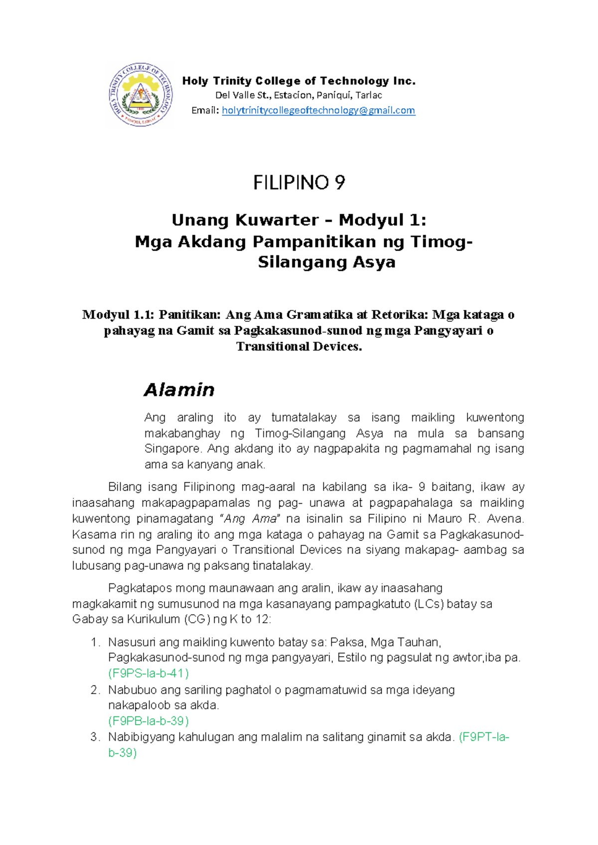 Filipino-9- Quarter 1 MOD1 - Holy Trinity College of Technology Inc ...