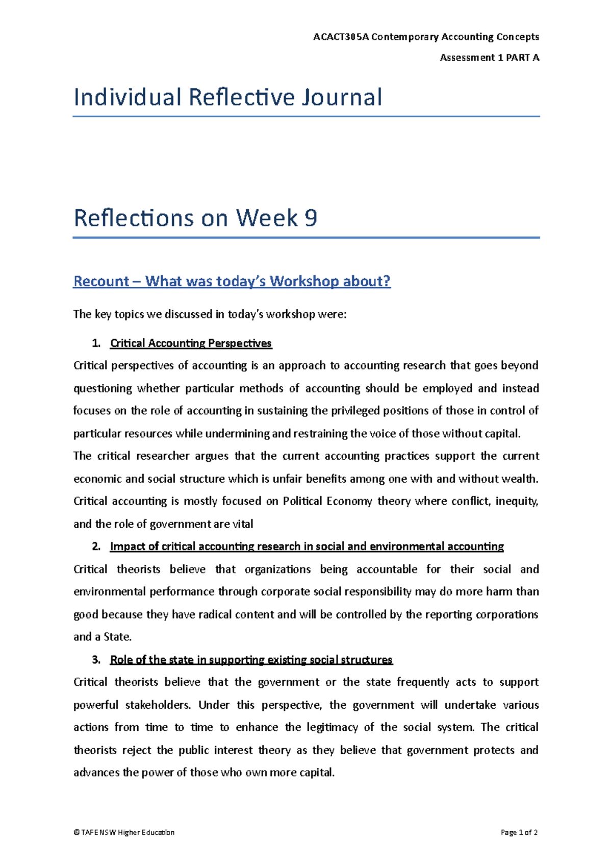 Reflection Journal Week 9 - ACACT305A Contemporary Accounting Concepts Assessment 1 PART A - Studocu