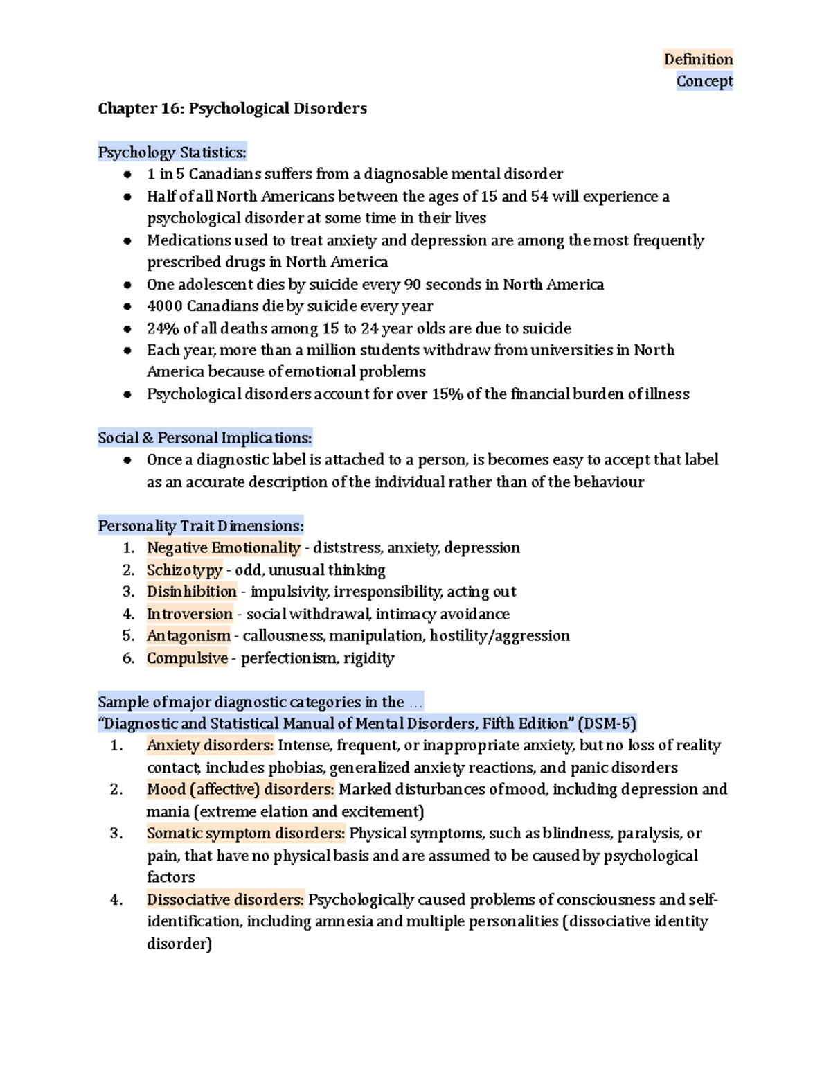 Psychology Chapter 16 Psychological Disorders - Concept Chapter 16 ...