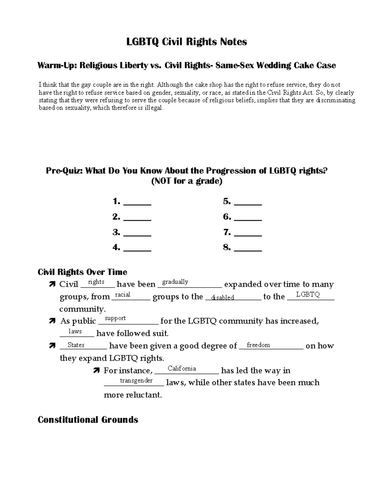 Lgbtq Student Notes; Moura 2023 - LGBTQ Civil Rights Notes Warm-Up ...