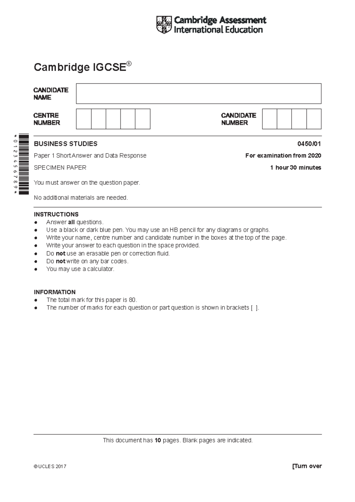 2020 specimen paper 1 - very nice - Cambridge IGCSE® BUSINESS STUDIES ...