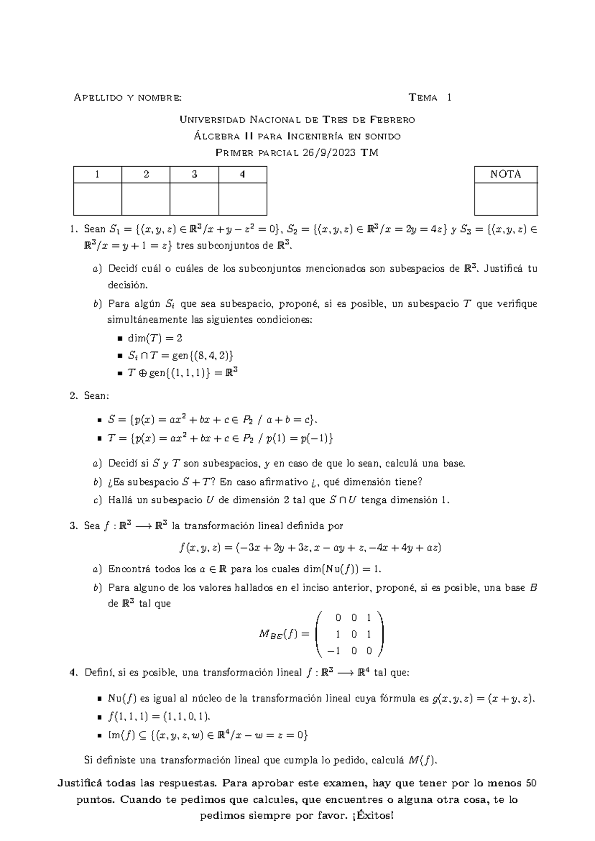 Algebra 2 Exámenes 2C2023 - Apellido y nombre: Tema 1 Universidad ...