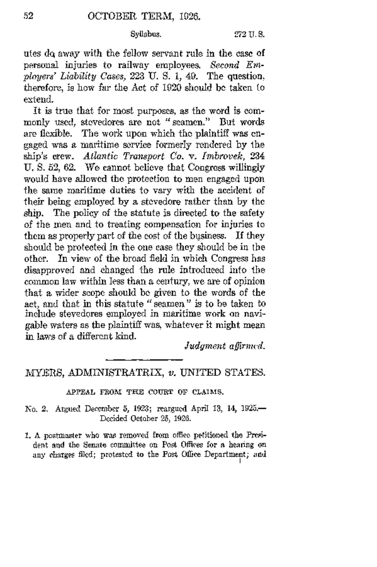 Myers vs. US - US Supreme Court Fallos - OCTOBER TERM, 1926. Syllabus ...