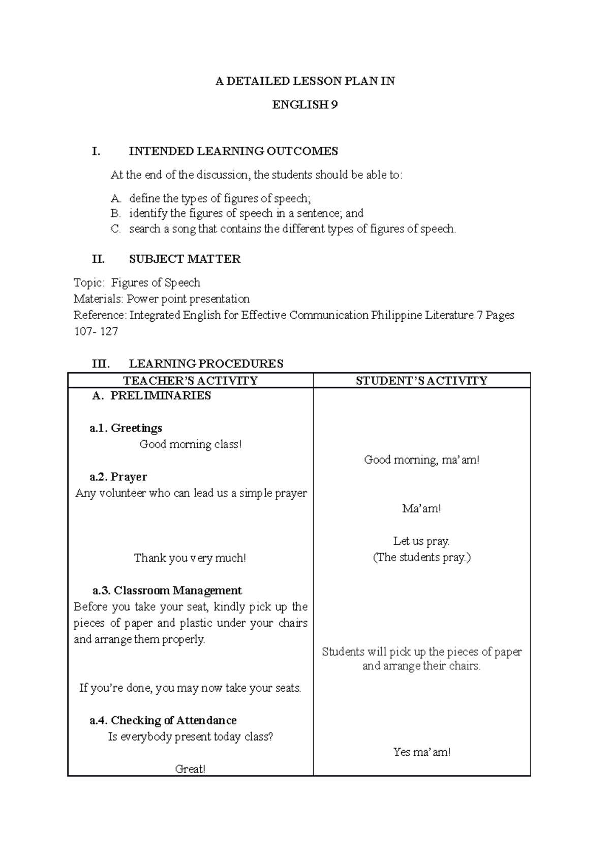 Figures OF Speech Detailed LP - A DETAILED LESSON PLAN IN ENGLISH 9 I ...