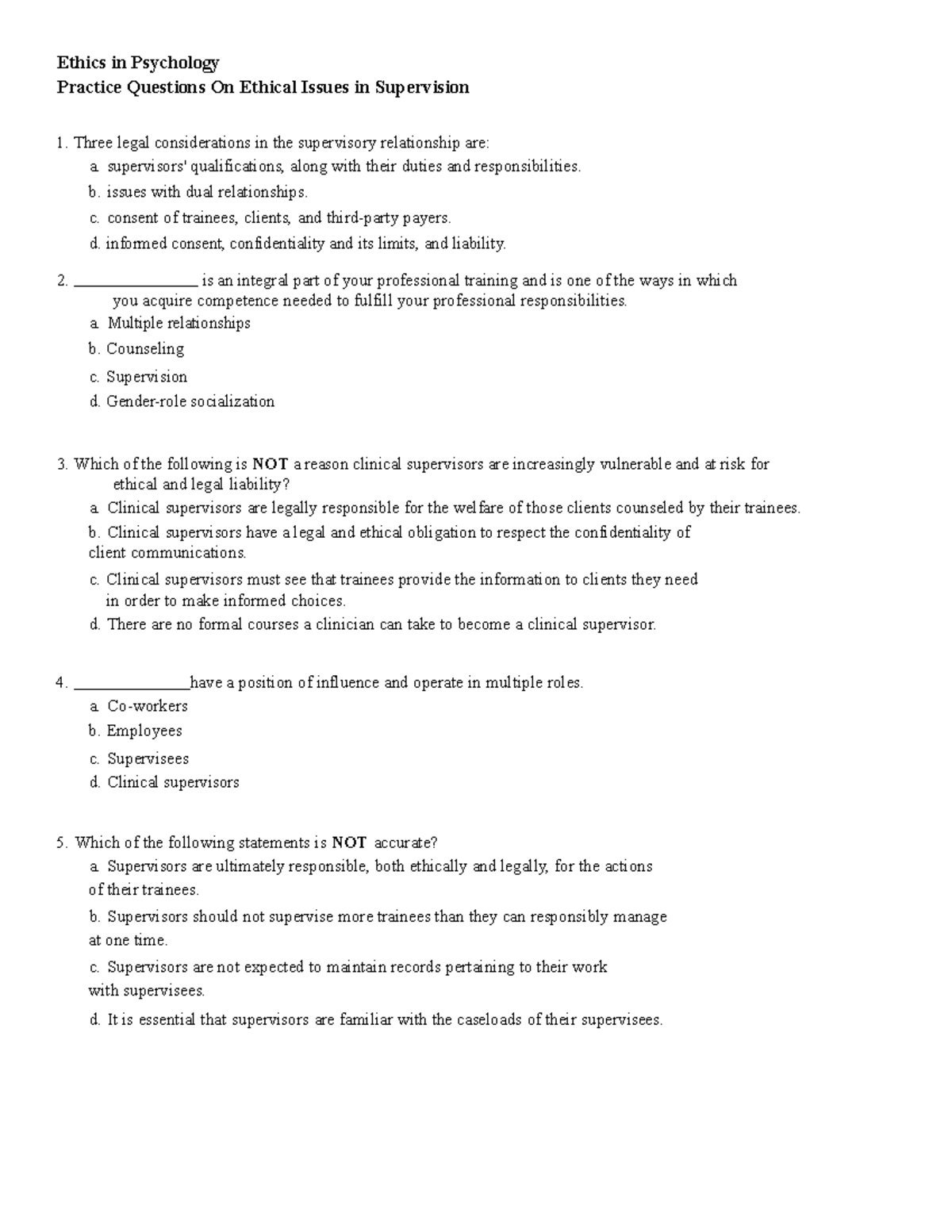 MCQ Exam Practice Ethical Issues in Supervision - Ethics in Psychology ...