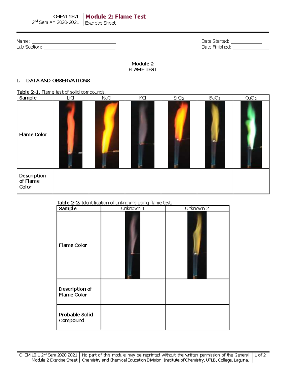 Module 2 Flame Test Exercise Sheet - TTh - CHEM 18 2nd Sem 2020- Module ...