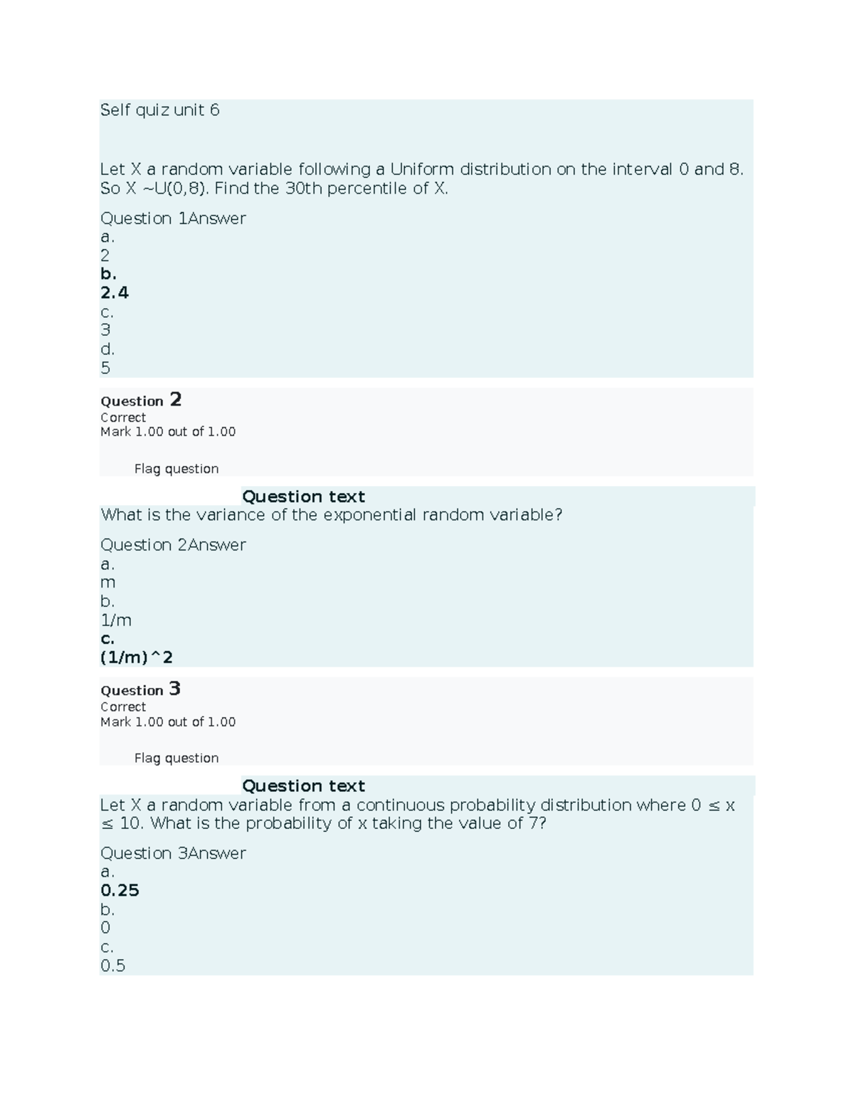 Self quiz unit 6 - Nothing - Self quiz unit 6 Let X a random variable following a Uniform - Studocu