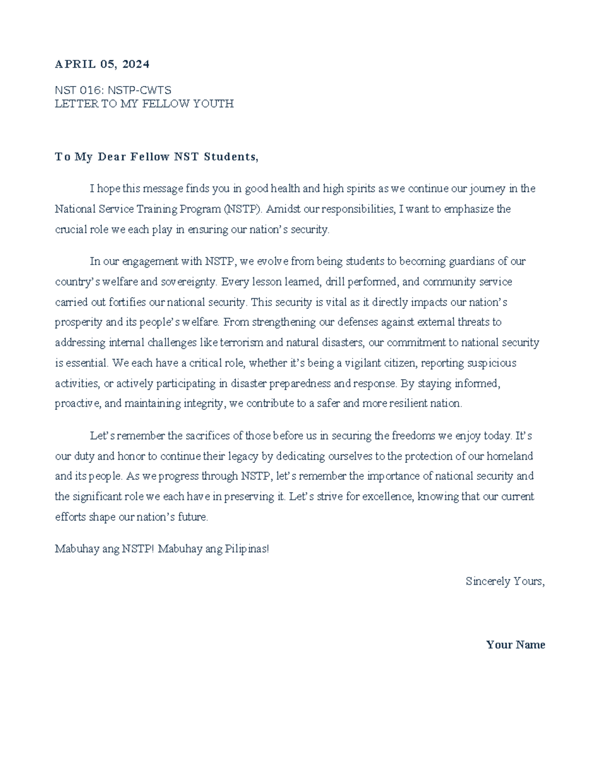 Letter for my fellow Nstp students - APRIL 05, 2024 NST 016: NSTP-CWTS ...