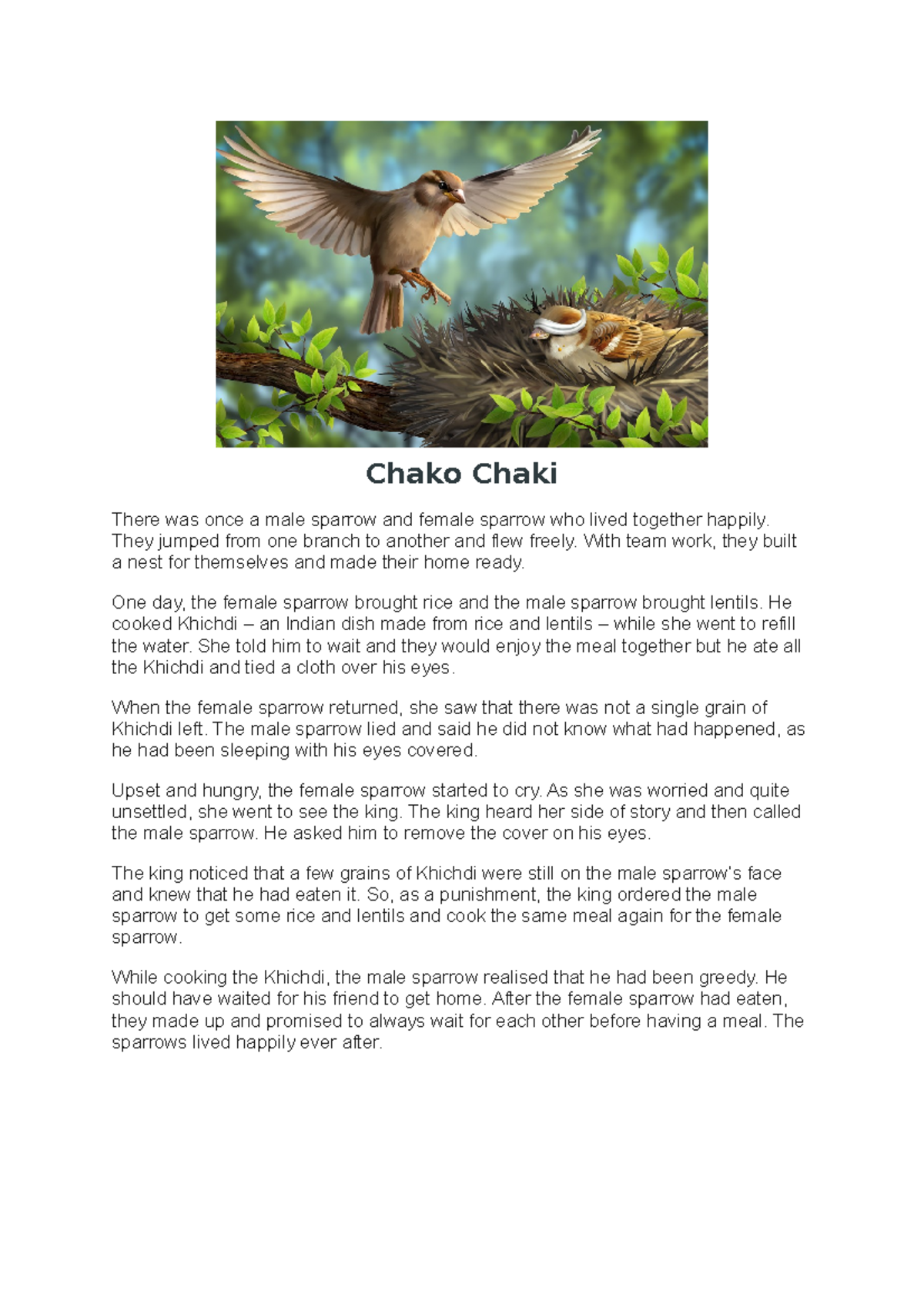 English 4 FUN - FEB 2021 - Worksheet for students - Chako Chaki There was once a male sparrow ...