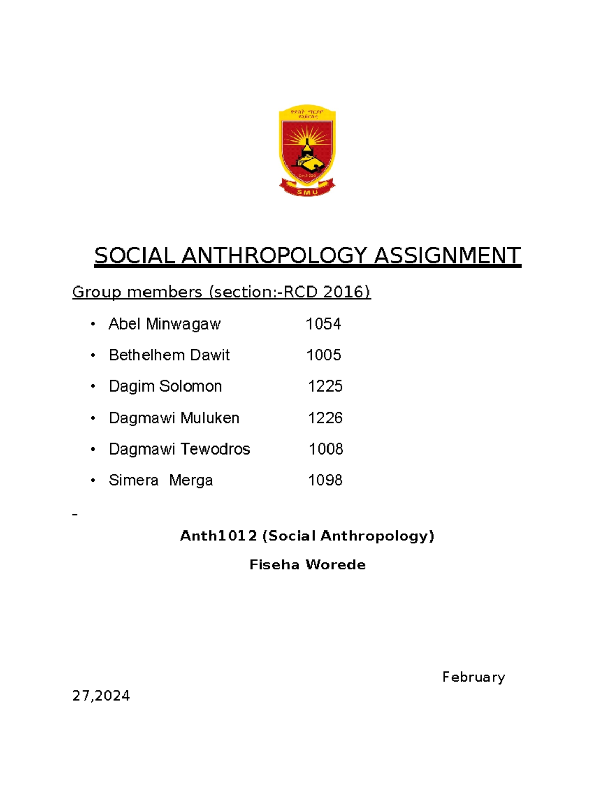 Social Anthropology Assignment - SOCIAL ANTHROPOLOGY ASSIGNMENT Group ...