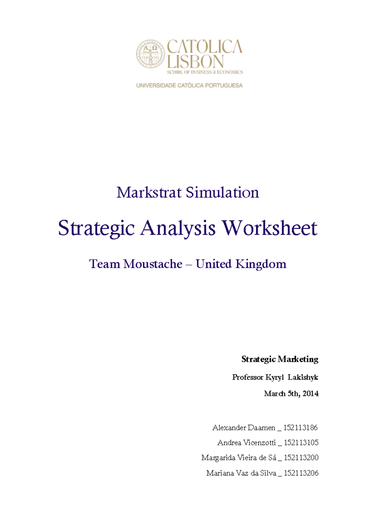 Strategic Analysis Worksheet VF - Markstrat Simulation Strategic ...