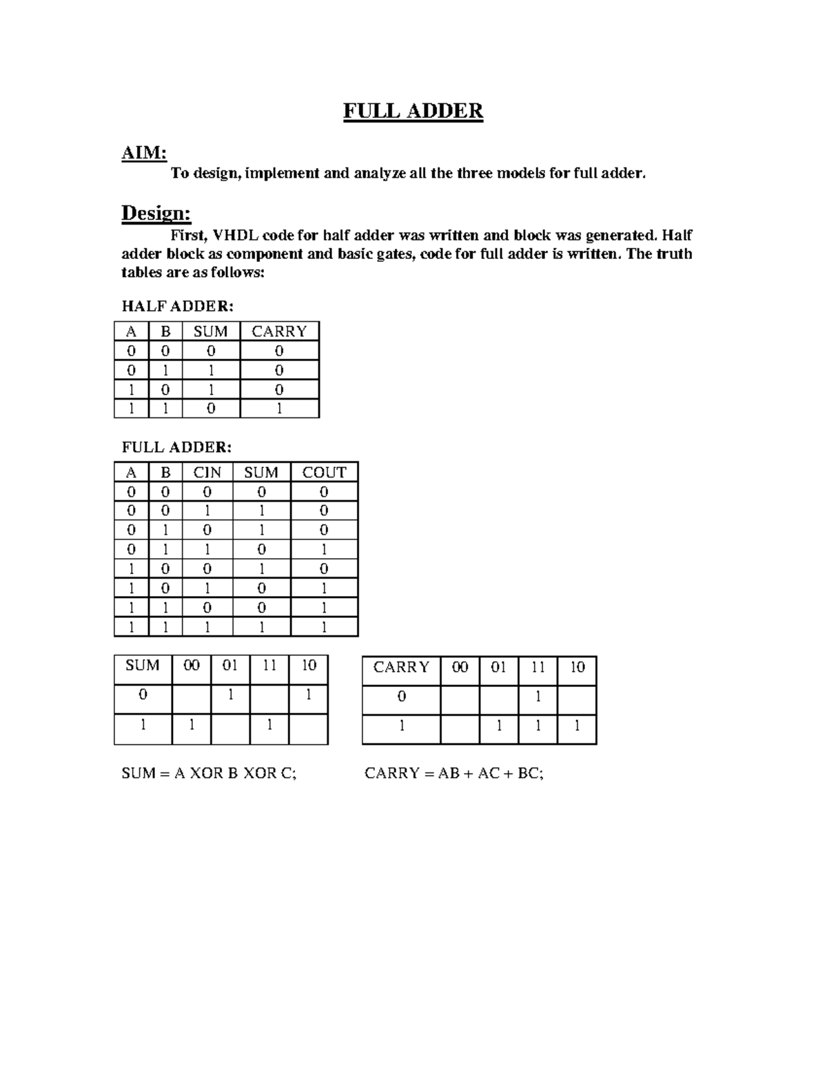 Vhdl demystified - FULL ADDER AIM: To design, implement and analyze all ...