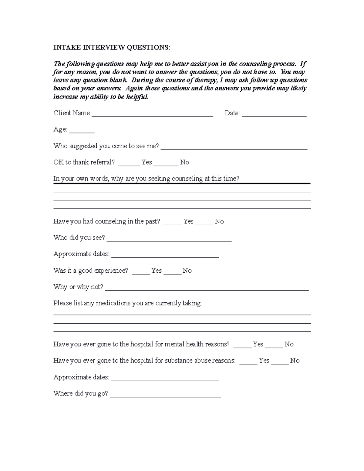 Intake interview questions - INTAKE INTERVIEW QUESTIONS: The following ...