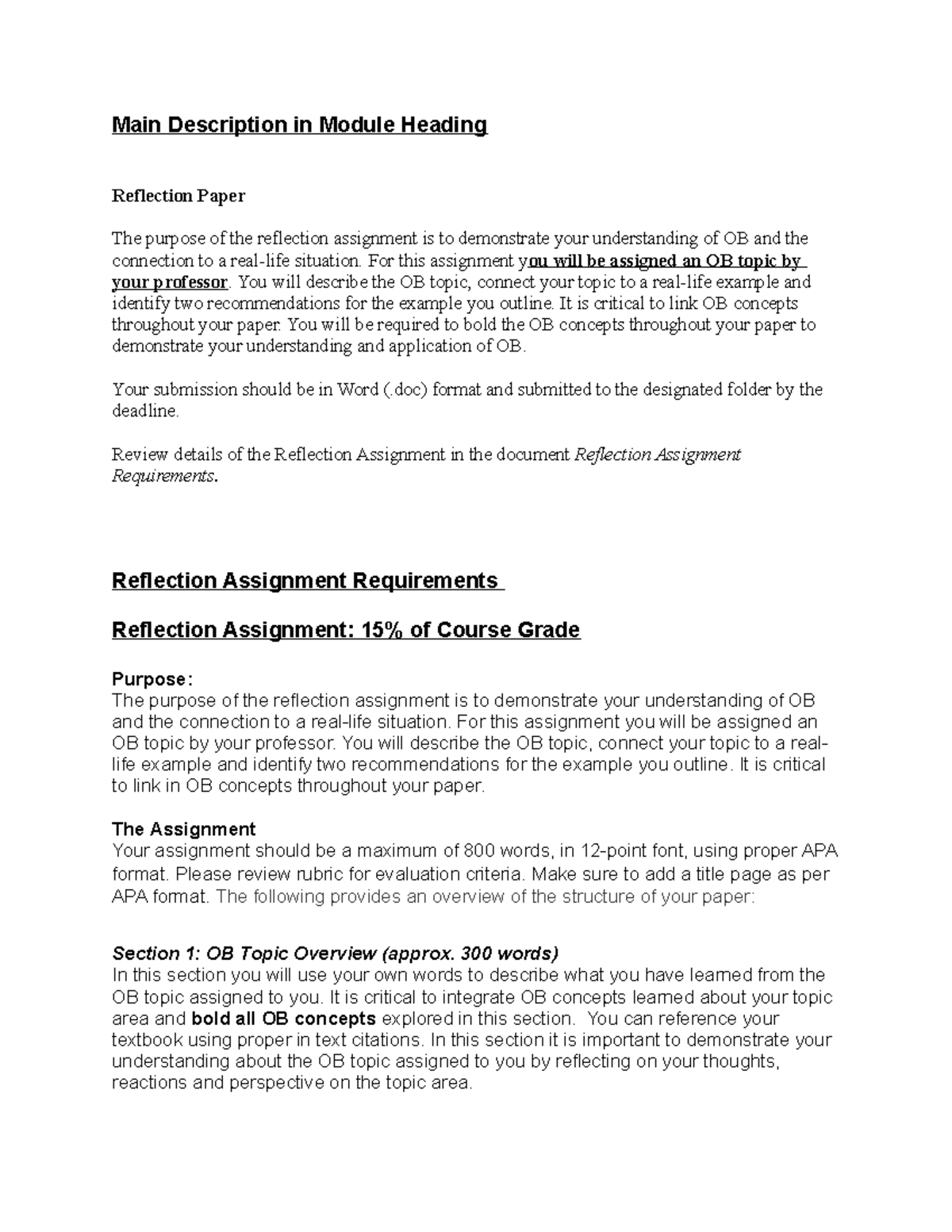 Reflection Assignment Requirements - Main Description in Module Heading ...