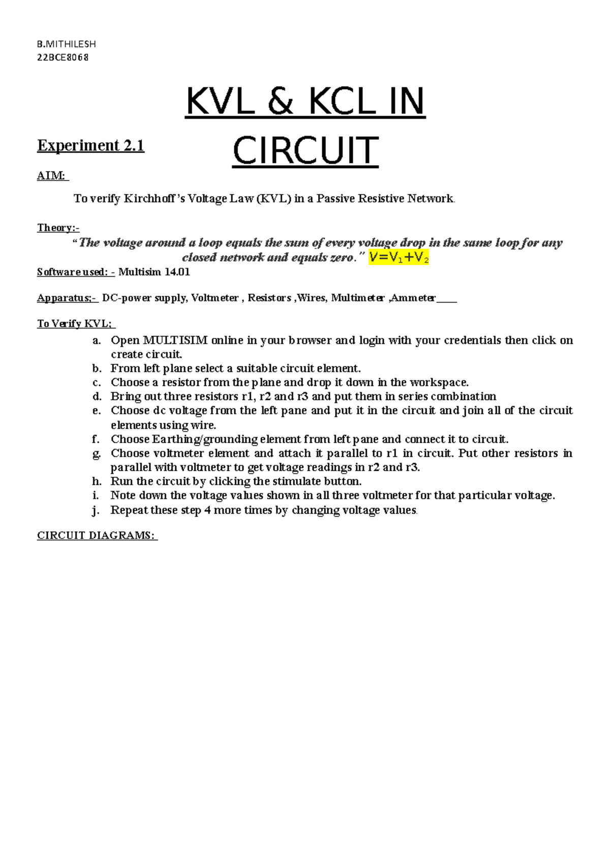 KVL KCL - MODEL OF ASSIGNMENT - 22BCE Experiment 2. AIM: To verify ...