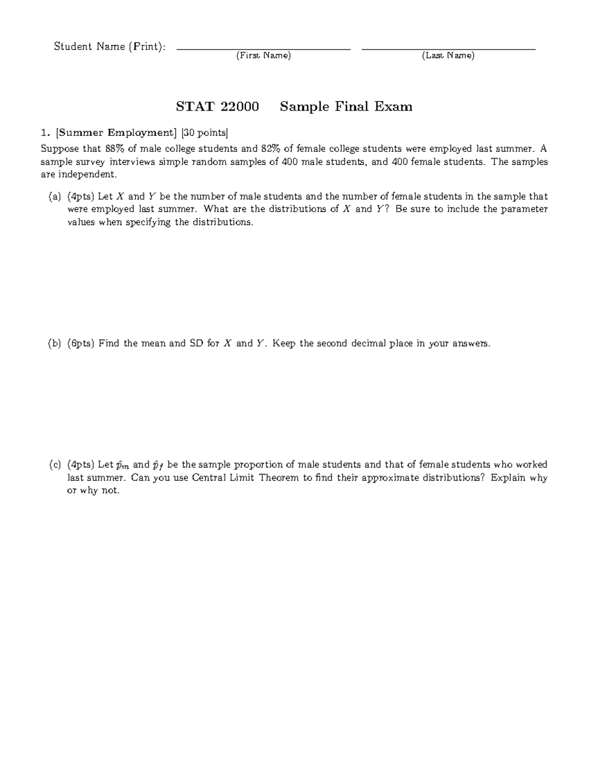 Final Exam Sample - Lecture Notes - Student Name (Print): (First Name ...