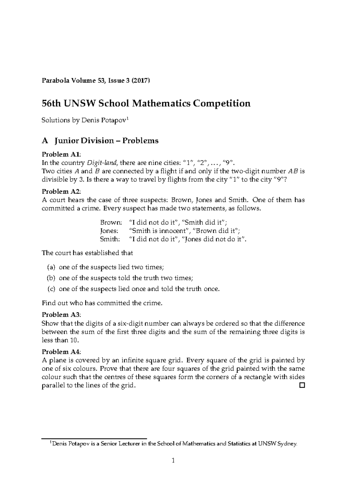 2017 - UNSW mathematics competition 2017 past paper - Parabola Volume ...