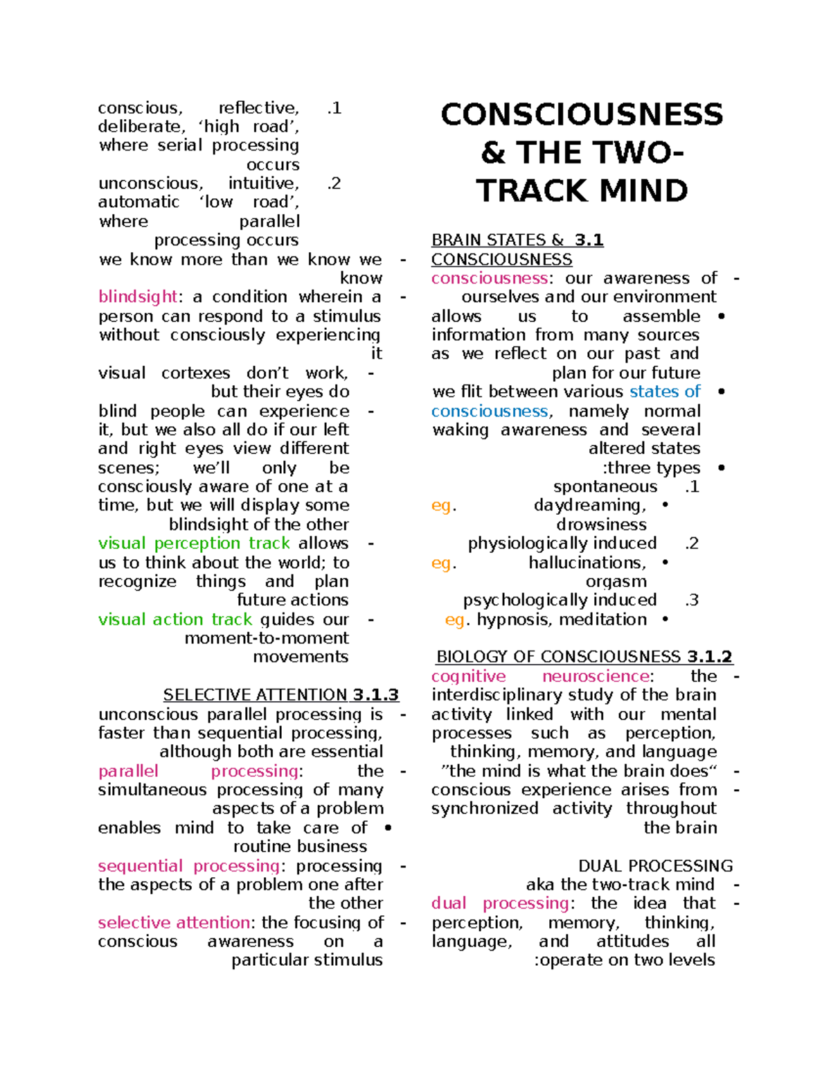 PSY1101 consciousness - CONSCIOUSNESS & THE TWO- TRACK MIND 3 BRAIN ...