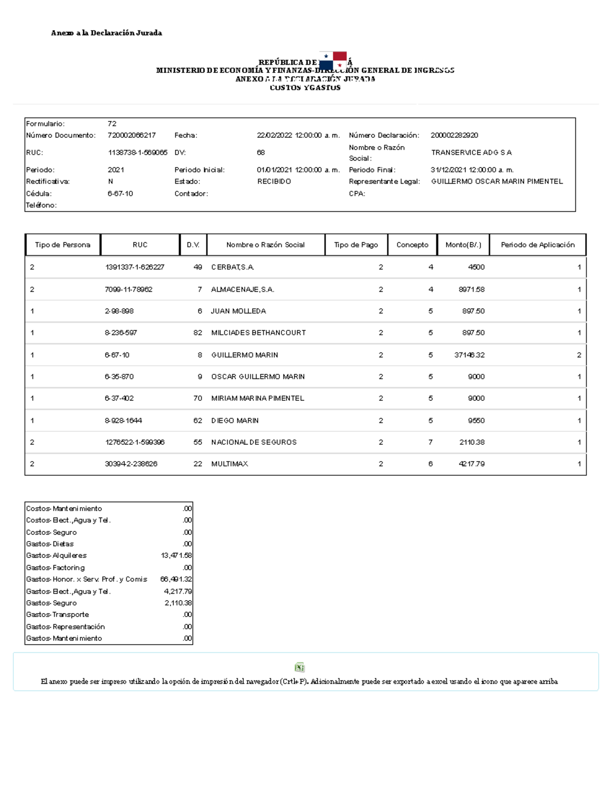 Anexo a la Declaración Jurada - Formulario: 72 Número Documento ...