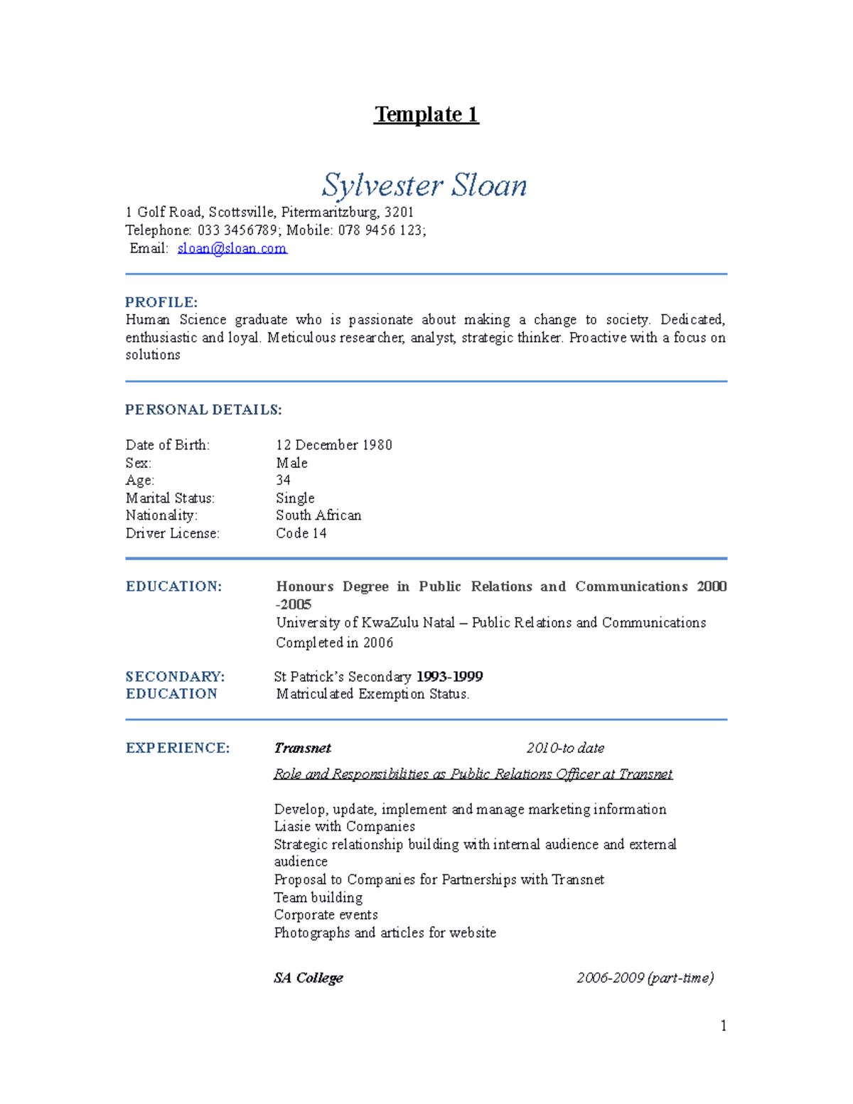 10-CV-templates - English - Template 1 Sylvester Sloan 1 Golf Road ...