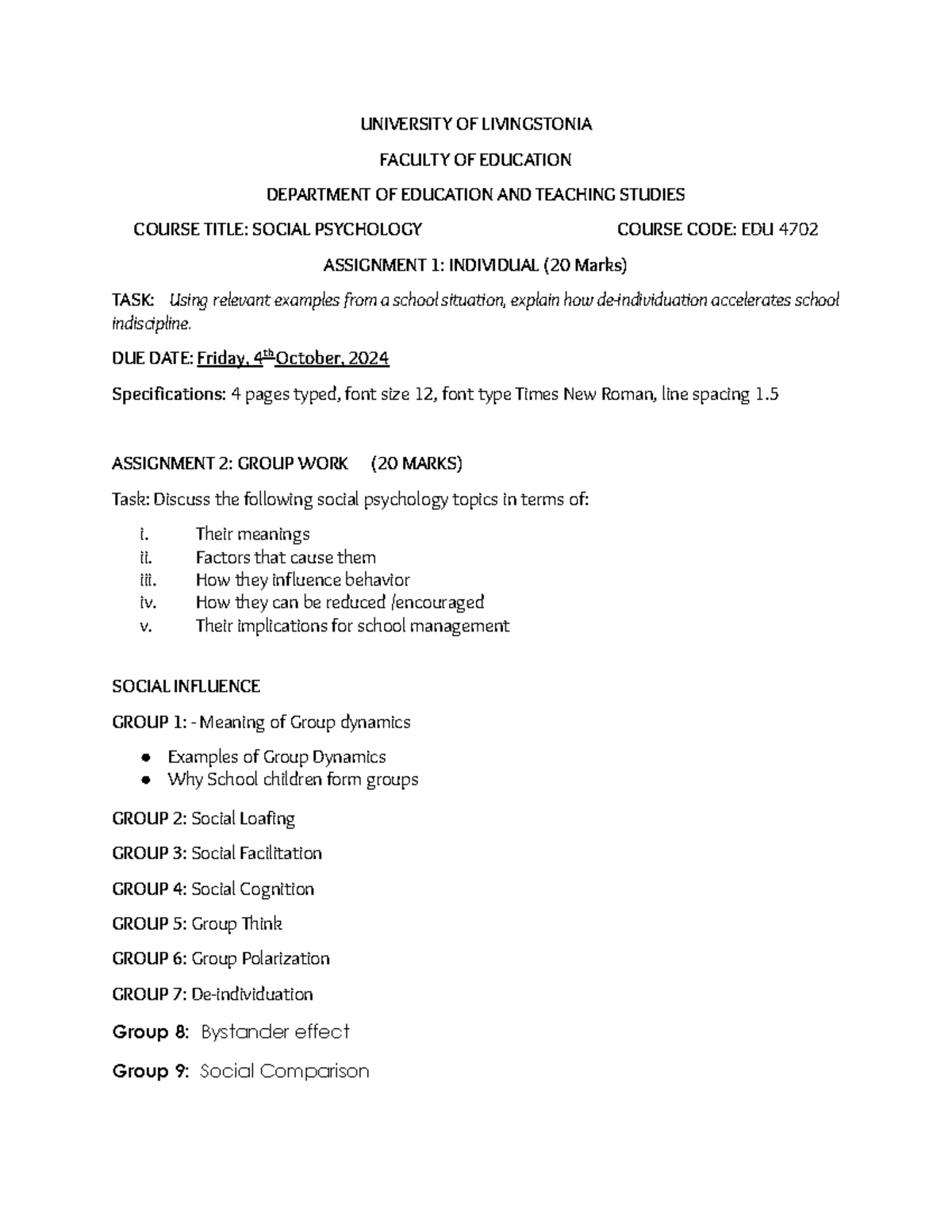 2024 Social Psychology Assignments Generic - UNIVERSITY OF LIVINGSTONIA ...