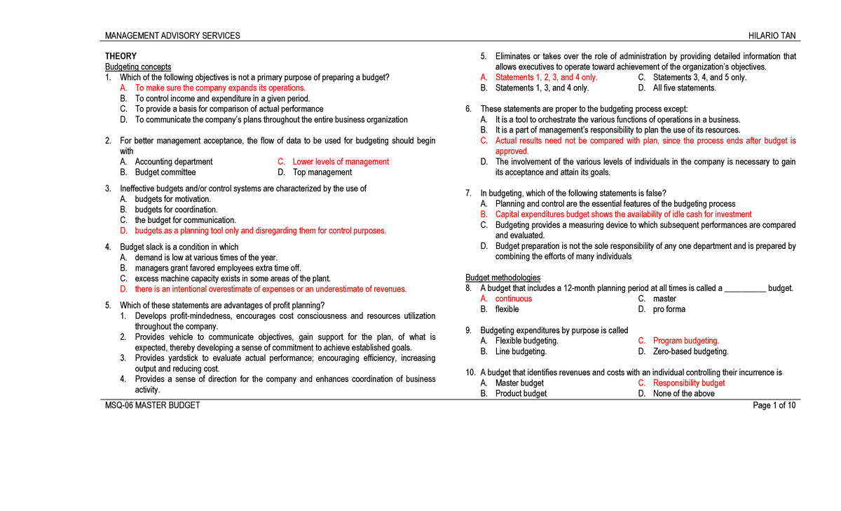 Z MSQ 06 Master Budget - THEORY Budgeting concepts Which of the ...