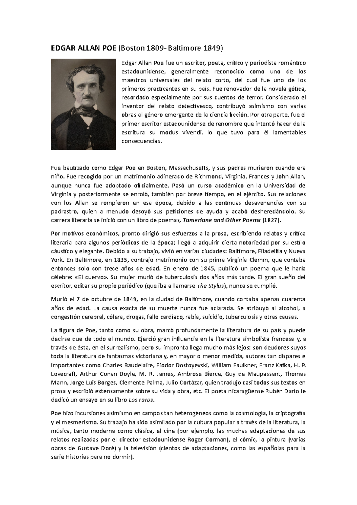 Biografia Edgar Alan Poe Hacer Resumen - EDGAR ALLAN POE (Boston 1809 ...