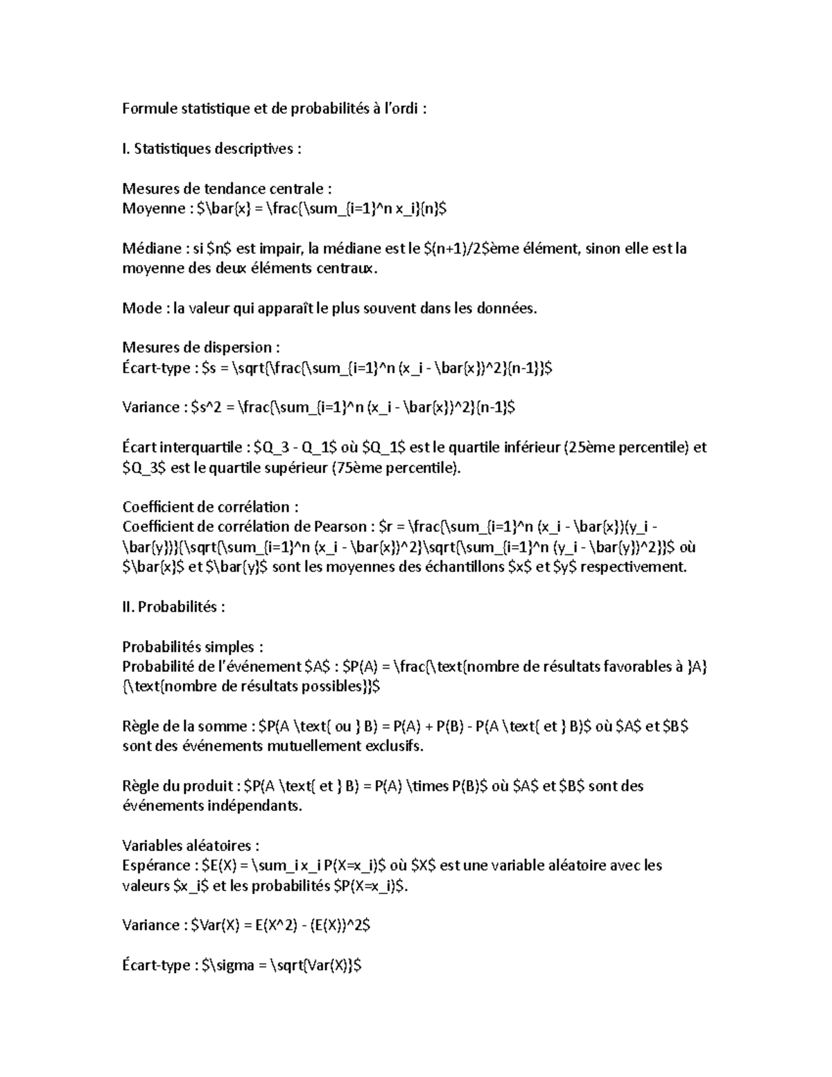 Statistique et probabilités - Formule statistique et de probabilités à ...