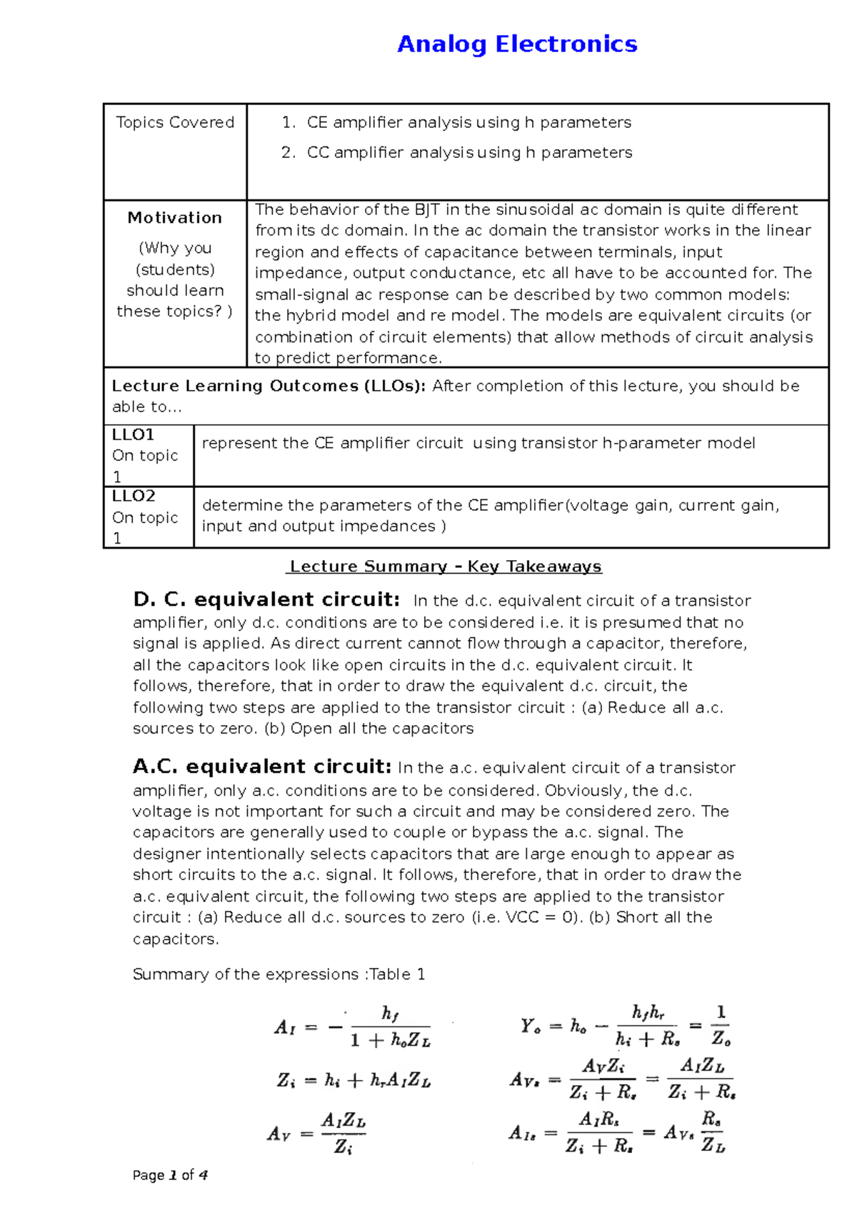 CE amplifier analysis using h parameters - Topics Covered 1. CE amplifier analysis using h - Studocu
