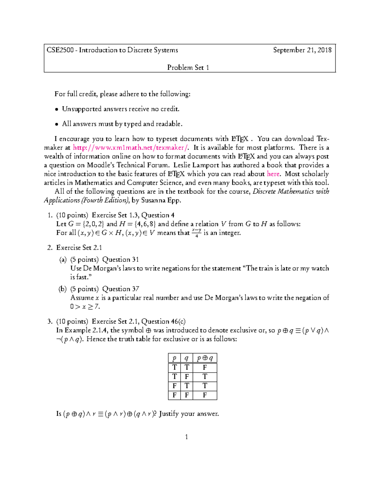 Problemset 1 - Problem set 2 - CSE2500 Introduction to Discrete Systems ...