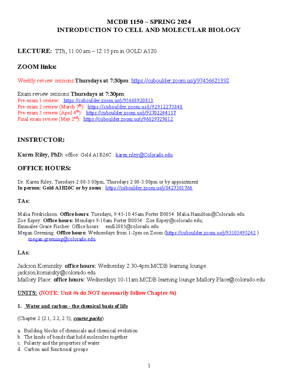 MCDB 1150 Syllabus 2024-Revised - MCDB 1150 – SPRING 2024 INTRODUCTION TO CELL AND MOLECULAR ...