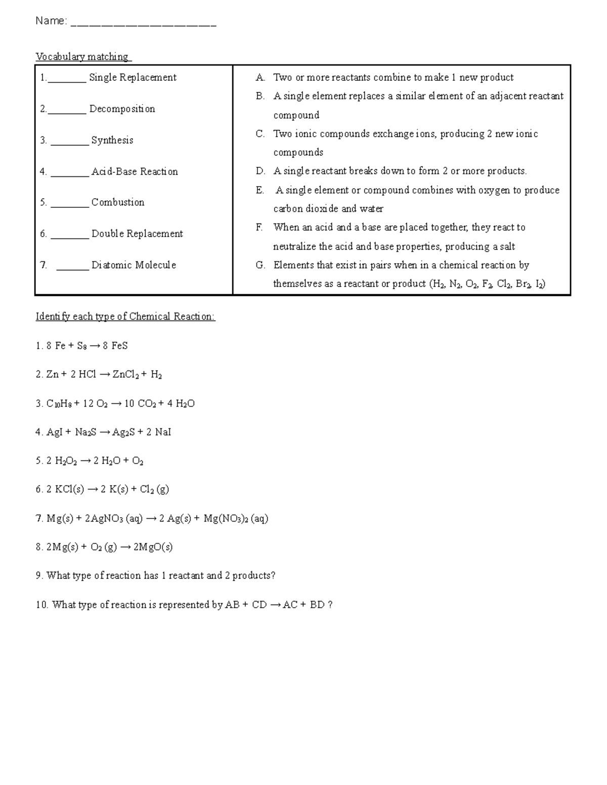 Unit 4 Reactions Review - Name: ________________________ Vocabulary ...
