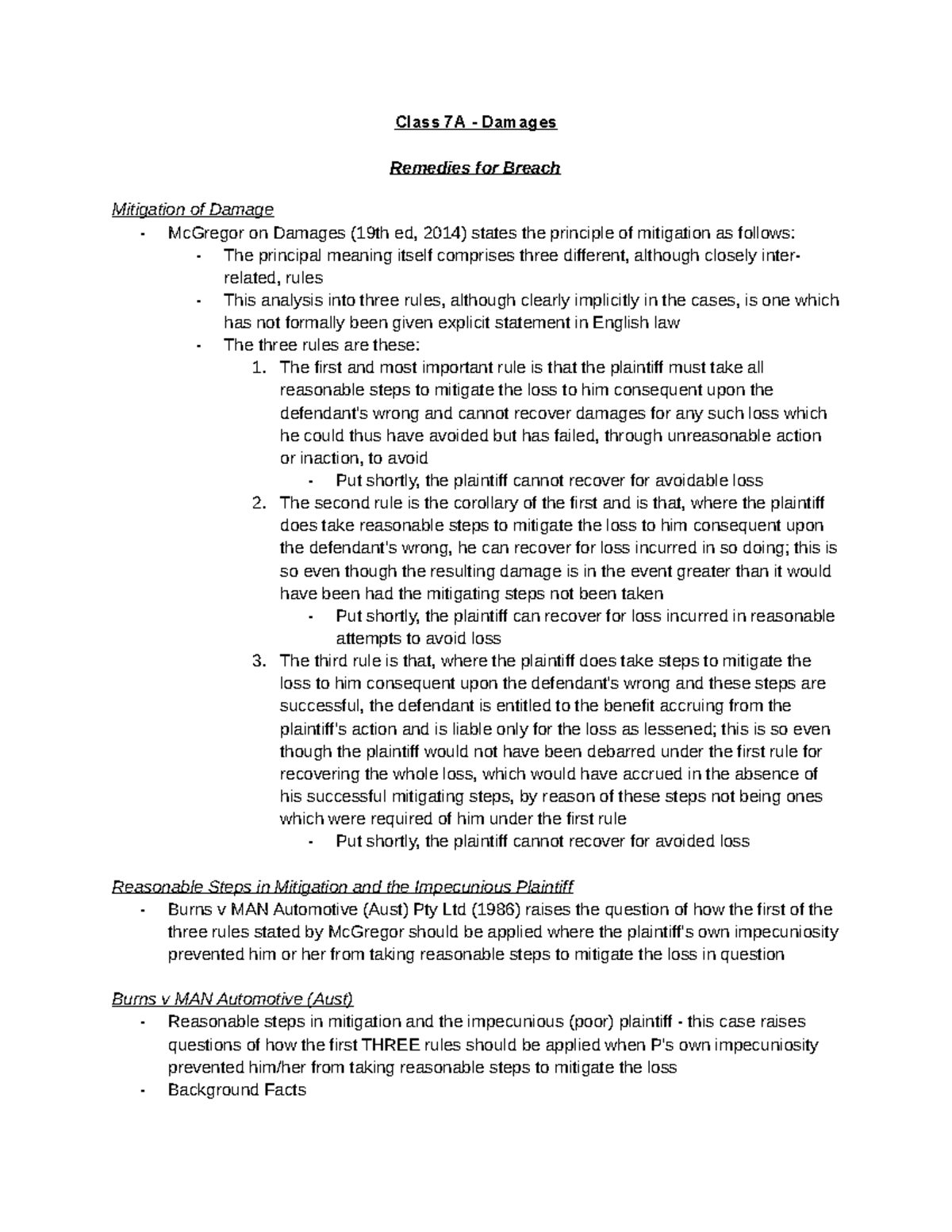 Class 7A - Damages - Class 7A - Damages Remedies for Breach Mitigation ...