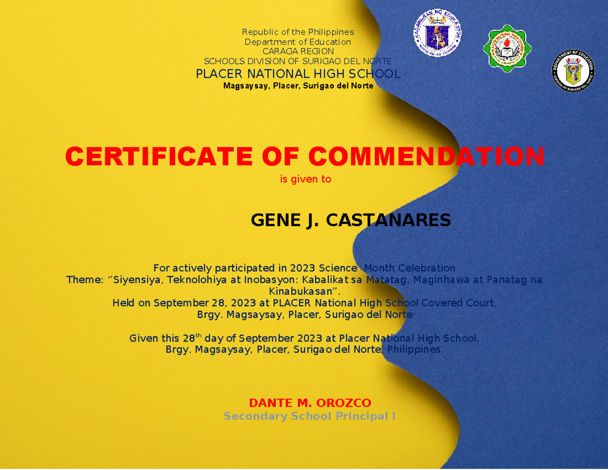 Science math 2023 Certificate - Republic of the Philippines Department ...