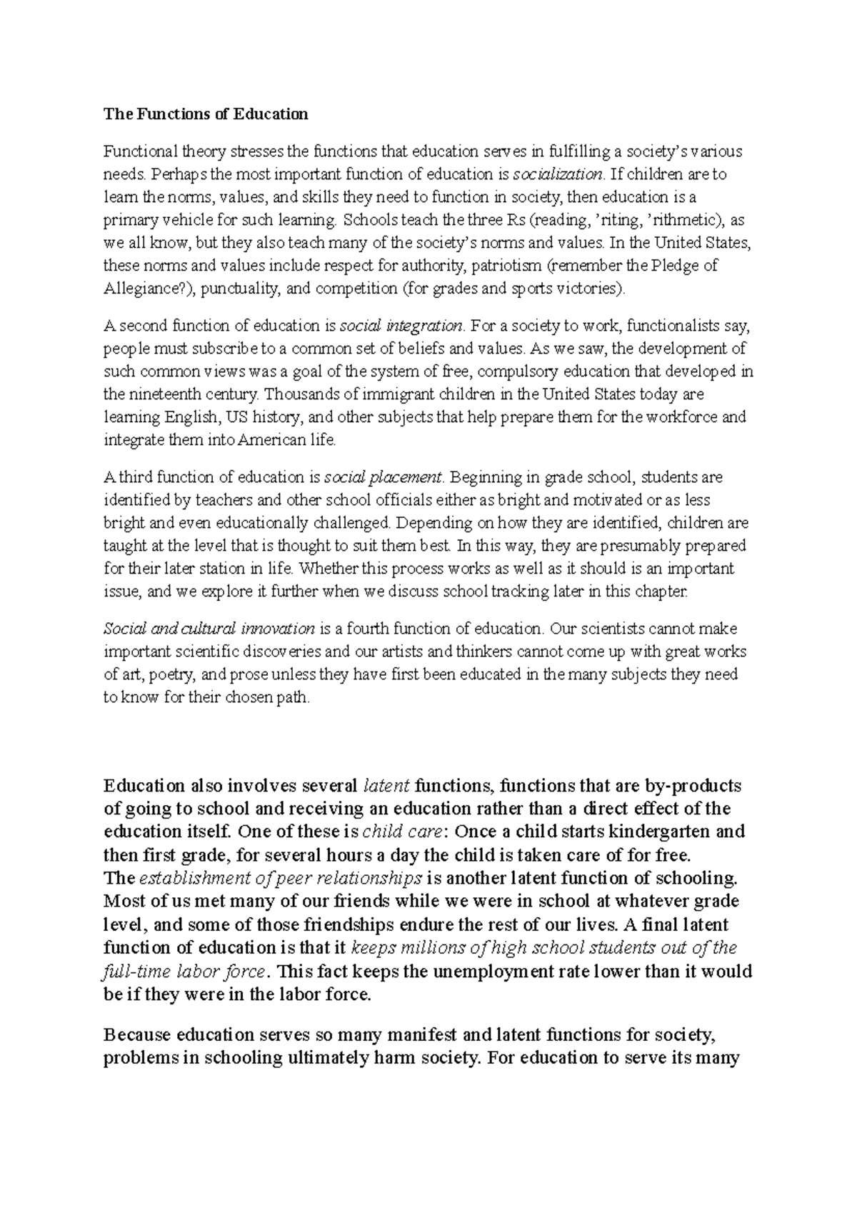 The Functions of Education - The Functions of Education Functional ...