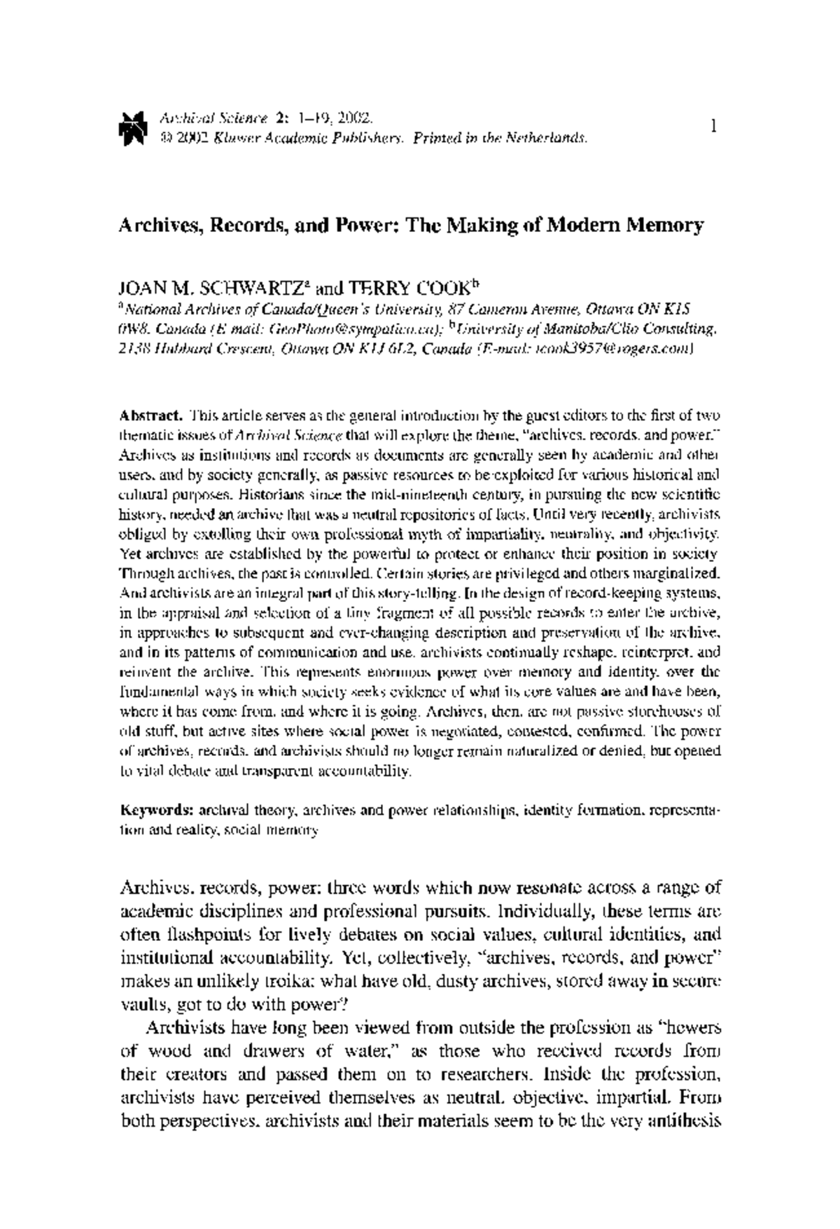 Schwartz 2002 - History hons - Archival Science 2: 1-19, 2002. l 9 2002 Kluwer Academic ...